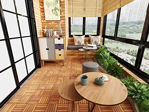 Interbuild Acacia Hardwood Interlocking Patio Deck Tiles, 12" × 12" (Pack of 10), Easy to Install Floor Tile for Both Indoor & Outdoor Use - Golden Teak