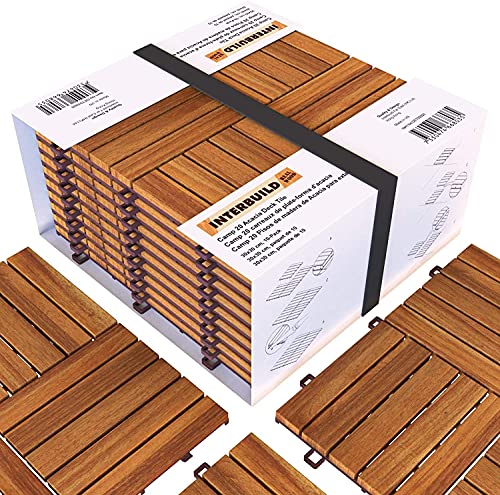 Interbuild Acacia Hardwood Interlocking Patio Deck Tiles, 12" × 12" (Pack of 10), Easy to Install Floor Tile for Both Indoor & Outdoor Use - Golden Teak