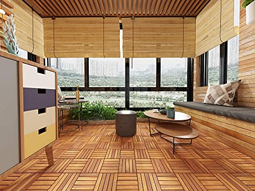 Interbuild Acacia Hardwood Interlocking Patio Deck Tiles, 12" × 12" (Pack of 10), Easy to Install Floor Tile for Both Indoor & Outdoor Use - Golden Teak