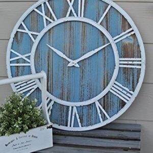 36" Coastal Wall Clock - Metal & Solid Wood Noiseless Weathered Beach Blue Wall Clock