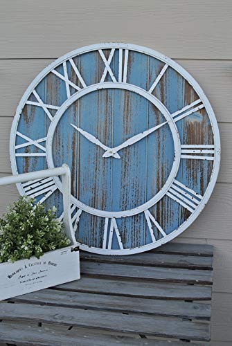 36" Coastal Wall Clock - Metal & Solid Wood Noiseless Weathered Beach Blue Wall Clock