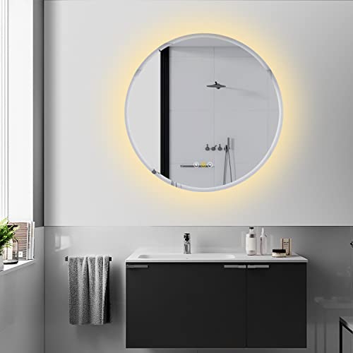 HBEZON 24 Inch Round LED Vanity Mirror with Back-Light, Anti-Fog, Brightness Memory Function, Shatter-Proof, Wall Mounted Mirror with Adjustable 3 Colors