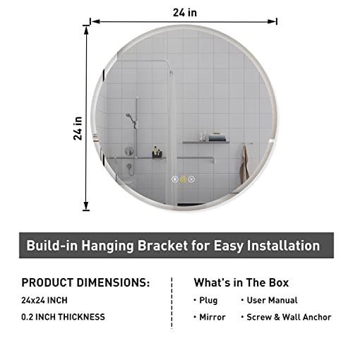 HBEZON 24 Inch Round LED Vanity Mirror with Back-Light, Anti-Fog, Brightness Memory Function, Shatter-Proof, Wall Mounted Mirror with Adjustable 3 Colors