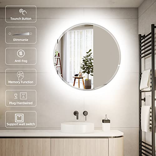 HBEZON 24 Inch Round LED Vanity Mirror with Back-Light, Anti-Fog, Brightness Memory Function, Shatter-Proof, Wall Mounted Mirror with Adjustable 3 Colors