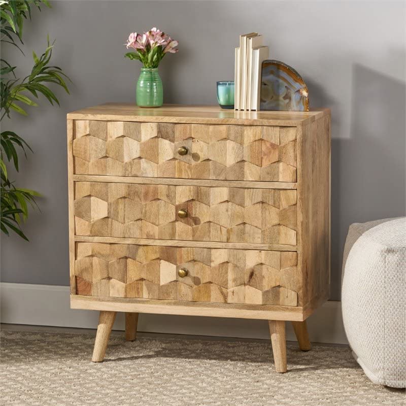 Great Deal Furniture Poppy Mid-Century Modern Mango Wood 3 Drawer Chest, Natural