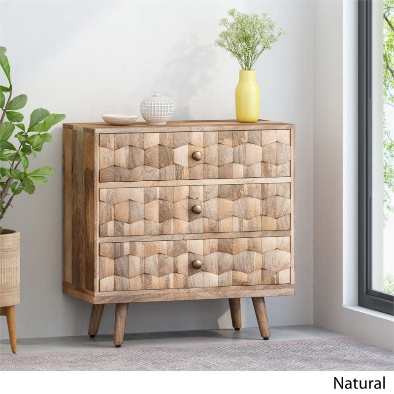 Great Deal Furniture Poppy Mid-Century Modern Mango Wood 3 Drawer Chest, Natural