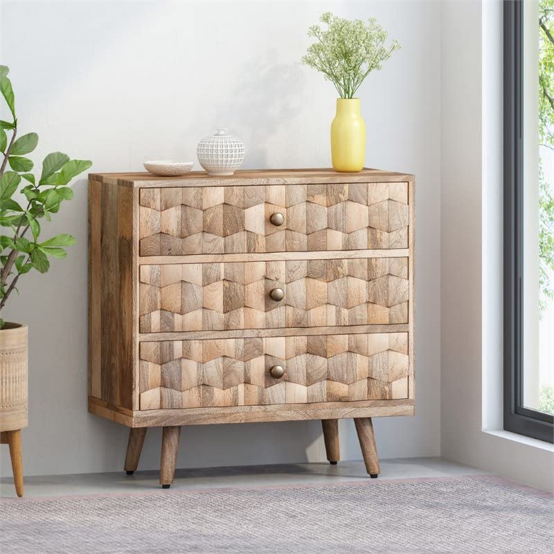 Great Deal Furniture Poppy Mid-Century Modern Mango Wood 3 Drawer Chest, Natural