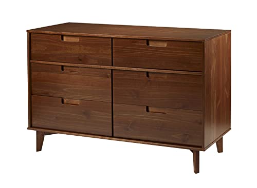 Walker Edison Mid Century Modern Grooved Handle Wood Dresser Bedroom Storage Drawer Organizer Closet Hallway, 6 Drawer, Walnut