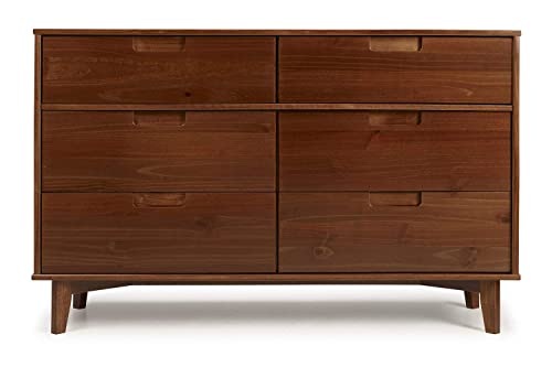 Walker Edison Mid Century Modern Grooved Handle Wood Dresser Bedroom Storage Drawer Organizer Closet Hallway, 6 Drawer, Walnut