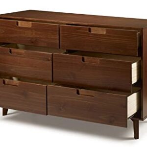 Walker Edison Mid Century Modern Grooved Handle Wood Dresser Bedroom Storage Drawer Organizer Closet Hallway, 6 Drawer, Walnut