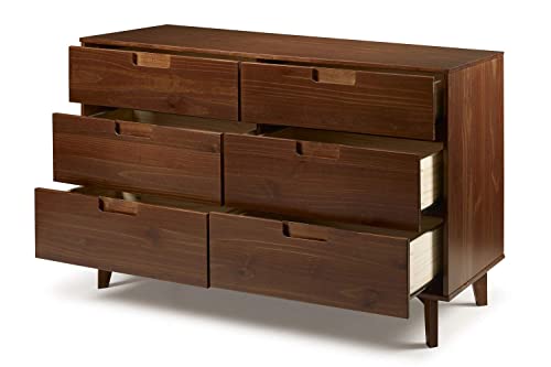 Walker Edison Mid Century Modern Grooved Handle Wood Dresser Bedroom Storage Drawer Organizer Closet Hallway, 6 Drawer, Walnut