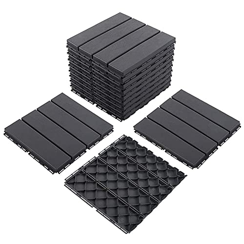 domi outdoor living Patio Deck Tiles, 12 x 12 inches Composite Interlocking Decking Tile, Four Slat Plastic Outdoor Flooring, 9 Pieces One Pack, Dark Grey