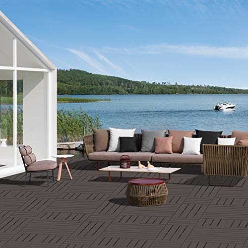 domi outdoor living Patio Deck Tiles, 12 x 12 inches Composite Interlocking Decking Tile, Four Slat Plastic Outdoor Flooring, 9 Pieces One Pack, Dark Grey