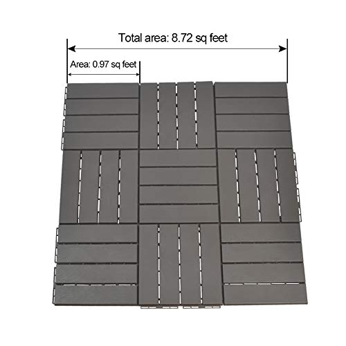 domi outdoor living Patio Deck Tiles, 12 x 12 inches Composite Interlocking Decking Tile, Four Slat Plastic Outdoor Flooring, 9 Pieces One Pack, Dark Grey