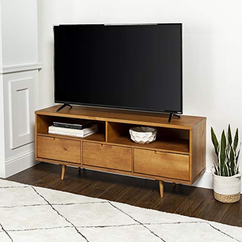 Walker Edison 3-Drawer Mid Century Modern Wood TV Stand for TV's up to 65" Flat Screen Cabinet Door Living Room Storage Entertainment Center, 58 Inch, Caramel