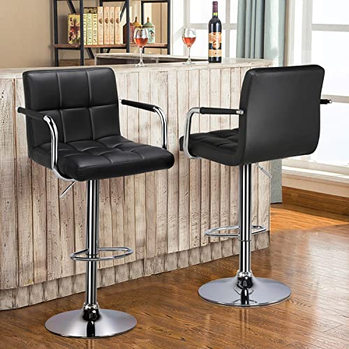 Yaheetech Bar Stools Adjustable Counter Stools Bar Chairs Synthetic Leather Modern Design Swivel Barstools Gas Lift Stools for Kitchen Counter 360 Degree Swivel Seat Top, Set of 2 Black