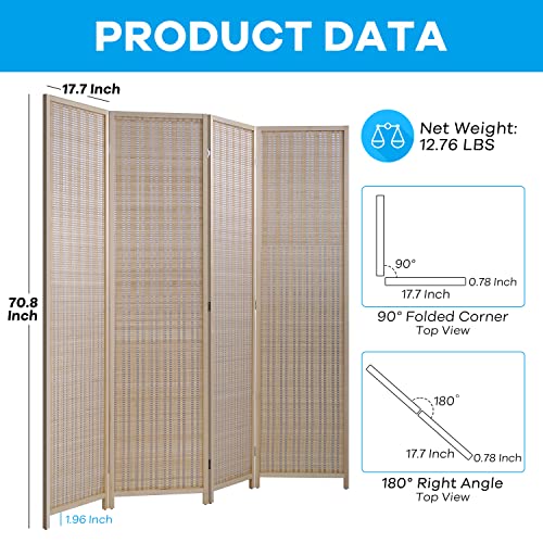 MGHH Room Divider 4 Panel, Bamboo Room Divider Wall Folding Privacy Wall Divider Wood Screen for Home Bedroom Living Room, Natural