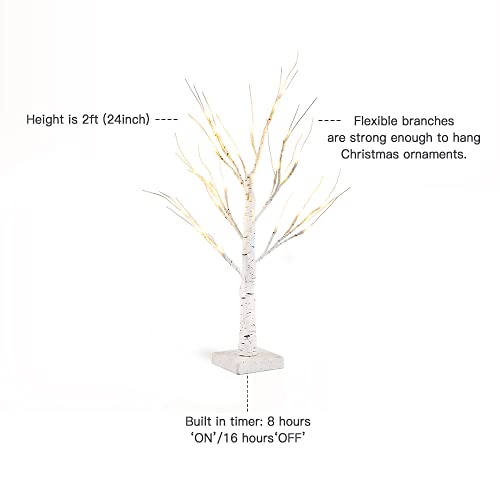 ESTTOP 2FT 24LT Led Lighted Birch Tree, 24 Inch Small White Money Artificial Fairy Tree for Christmas Decorations Indoor, Battery Powered Timer Wedding Party Home Mantle Table Top Centerpieces Decor