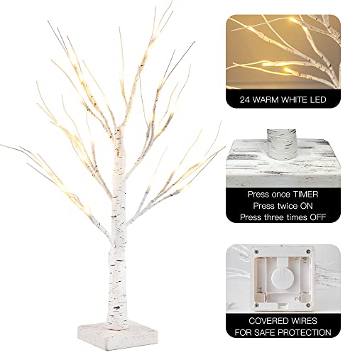 ESTTOP 2FT 24LT Led Lighted Birch Tree, 24 Inch Small White Money Artificial Fairy Tree for Christmas Decorations Indoor, Battery Powered Timer Wedding Party Home Mantle Table Top Centerpieces Decor