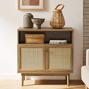 mopio haylee farmhouse boho sideboard buffet accent storage credenza, with natural rattan exterior doors, for media console table (haylee 2-door cabinet, natural oak)