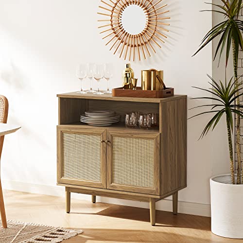 mopio Haylee Farmhouse Boho Sideboard Buffet Accent Storage Credenza, with Natural Rattan Exterior Doors, for Media Console Table (Haylee 2-Door Cabinet, Natural Oak)