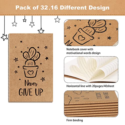 EOOUT 32 Pack Mini Notebooks Bulk for Kids, Kraft Inspirational Journal Notebook, 3.5" x 5.5", 80 Pages, with 16 Different Designs, Gifts for Coworkers