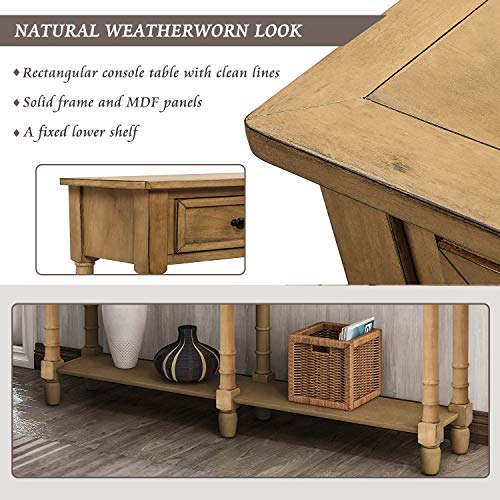 P PURLOVE Retro Console Table Sofa Table for Entryway with Drawers and Shelf Living Room Table (Old Pine)