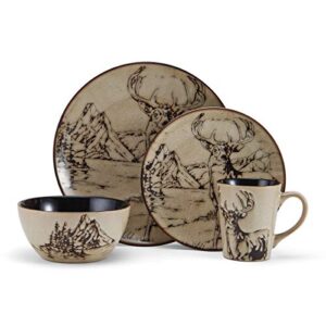 Mossy Oak Animal Print 16 Piece Dinnerware Set, Black and Beige