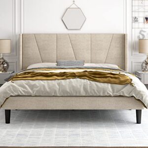 hoomic queen size bed frame with geometric wingback headboard, wooden slats support, no box spring needed, modern style, beige