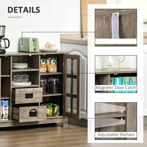 HOMCOM Kitchen Sideboard, Glass Door Buffet Cabinet, Coffee Bar Cabinet with Storage Drawers & Adjustable Shelves for Living Room, Grey