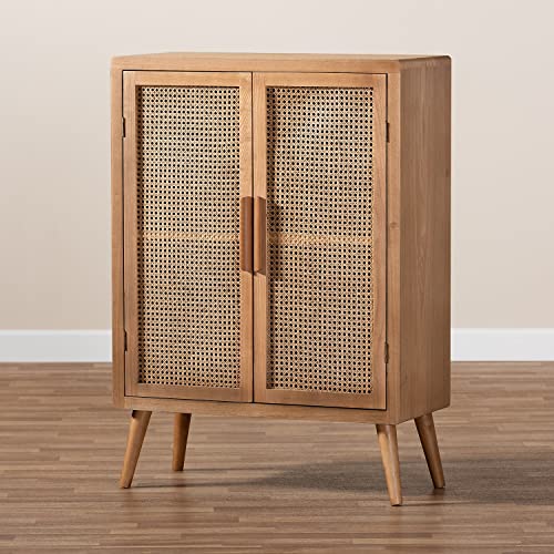 Baxton Studio Mid-Century Brown Oak Finished Wood and Rattan Storage Cabinet