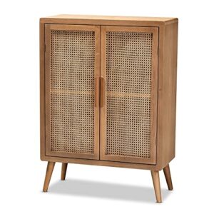 baxton studio mid-century brown oak finished wood and rattan storage cabinet