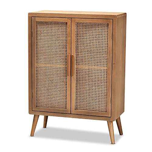 Baxton Studio Mid-Century Brown Oak Finished Wood and Rattan Storage Cabinet