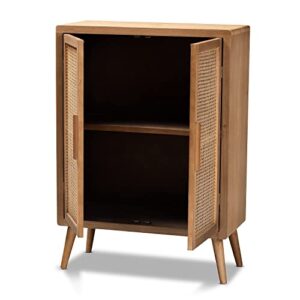 Baxton Studio Mid-Century Brown Oak Finished Wood and Rattan Storage Cabinet