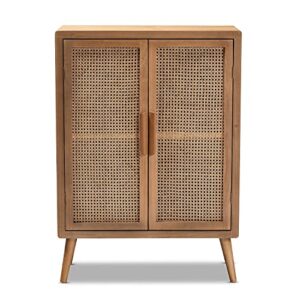 Baxton Studio Mid-Century Brown Oak Finished Wood and Rattan Storage Cabinet