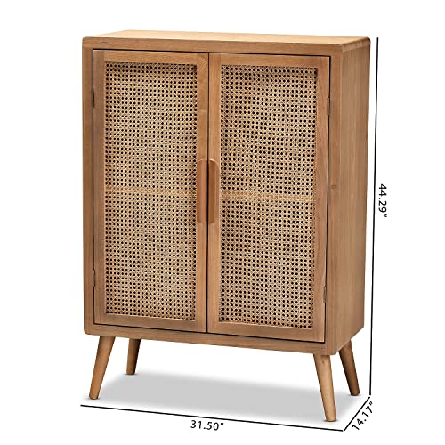 Baxton Studio Mid-Century Brown Oak Finished Wood and Rattan Storage Cabinet