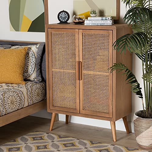 Baxton Studio Mid-Century Brown Oak Finished Wood and Rattan Storage Cabinet