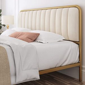 HITHOS Queen Size Bed Frame, Upholstered Bed Frame with Button Tufted Headboard, Heavy Duty Metal Mattress Foundation with Wooden Slats, Easy Assembly, No Box Spring Needed (Golden/Off White, Queen)