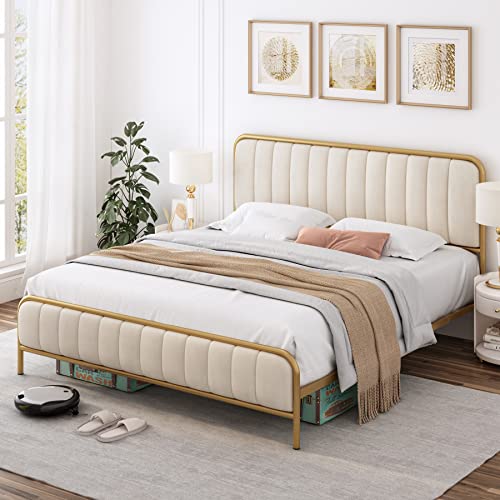 HITHOS Queen Size Bed Frame, Upholstered Bed Frame with Button Tufted Headboard, Heavy Duty Metal Mattress Foundation with Wooden Slats, Easy Assembly, No Box Spring Needed (Golden/Off White, Queen)