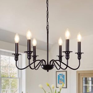 black chandelier, tmmaysun 6-light farmhouse candle hanging light fixture, adjustable height rustic chandeliers pendant lights matte black chandelier for dining room living room bedroom kitchen island