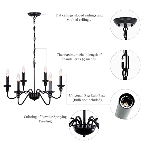 Black Chandelier, TMMAYSUN 6-Light Farmhouse Candle Hanging Light Fixture, Adjustable Height Rustic Chandeliers Pendant Lights Matte Black Chandelier for Dining Room Living Room Bedroom Kitchen Island