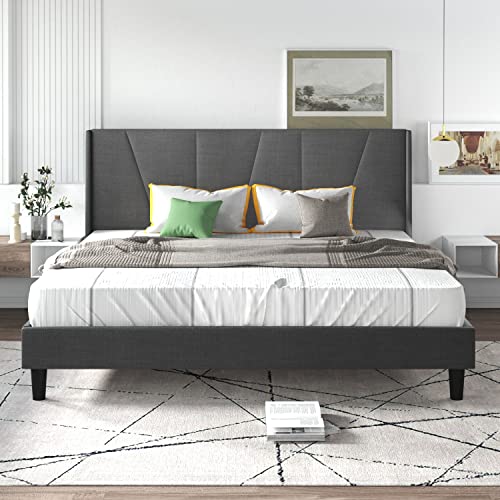 Allewie King Size Upholstered Platform Bed Frame / Geometric Wingback Headboard / Mattress Foundation / Wood Slat Support / No Box Spring Needed / Easy Assembly, Dark Grey