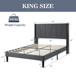 Allewie King Size Upholstered Platform Bed Frame / Geometric Wingback Headboard / Mattress Foundation / Wood Slat Support / No Box Spring Needed / Easy Assembly, Dark Grey