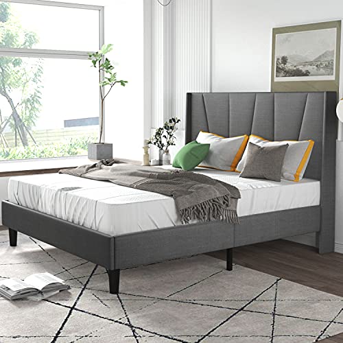 Allewie King Size Upholstered Platform Bed Frame / Geometric Wingback Headboard / Mattress Foundation / Wood Slat Support / No Box Spring Needed / Easy Assembly, Dark Grey