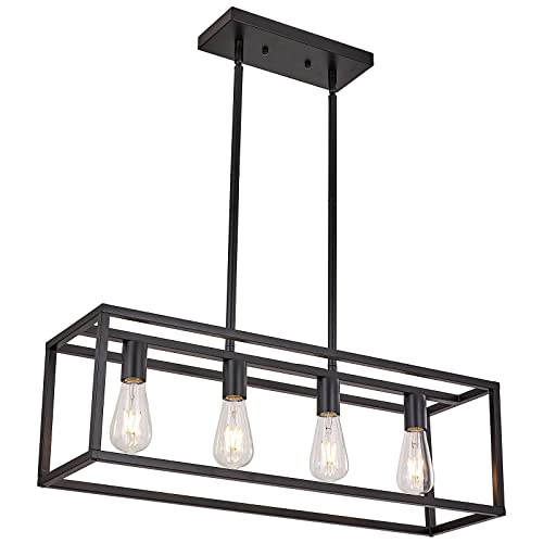 HQZBPT Farmhouse Rectangle Chandeliers for Dining Rooms, Modern Linear Hanging Light Fixture Matte Black 4-Light Industrial Pendant Lighting for Kitchen Island