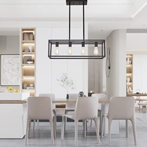 HQZBPT Farmhouse Rectangle Chandeliers for Dining Rooms, Modern Linear Hanging Light Fixture Matte Black 4-Light Industrial Pendant Lighting for Kitchen Island