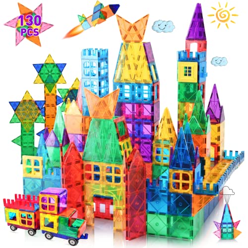 LATI 130 pcs Magnetic Tiles, Magnet Building Blocks for Kids STEM Construction Set Clear Imagination Inspirational Educational Toddler Boys Girls Kids Toys for 3 4 5 6 7 8 Years with 2 Cars