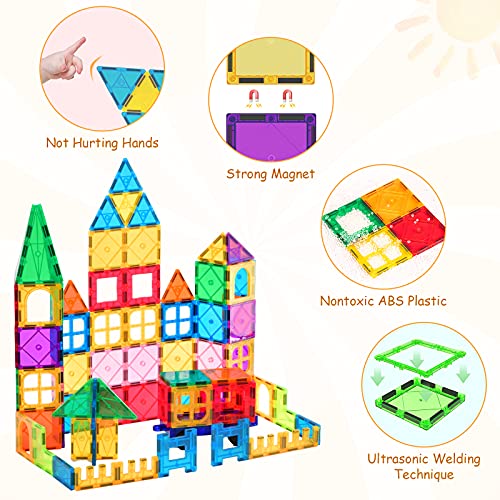 LATI 130 pcs Magnetic Tiles, Magnet Building Blocks for Kids STEM Construction Set Clear Imagination Inspirational Educational Toddler Boys Girls Kids Toys for 3 4 5 6 7 8 Years with 2 Cars