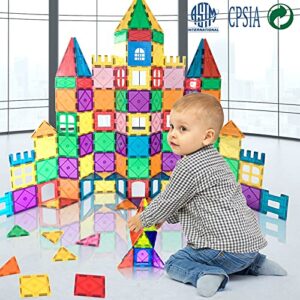 LATI 130 pcs Magnetic Tiles, Magnet Building Blocks for Kids STEM Construction Set Clear Imagination Inspirational Educational Toddler Boys Girls Kids Toys for 3 4 5 6 7 8 Years with 2 Cars