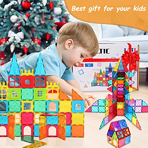 LATI 130 pcs Magnetic Tiles, Magnet Building Blocks for Kids STEM Construction Set Clear Imagination Inspirational Educational Toddler Boys Girls Kids Toys for 3 4 5 6 7 8 Years with 2 Cars